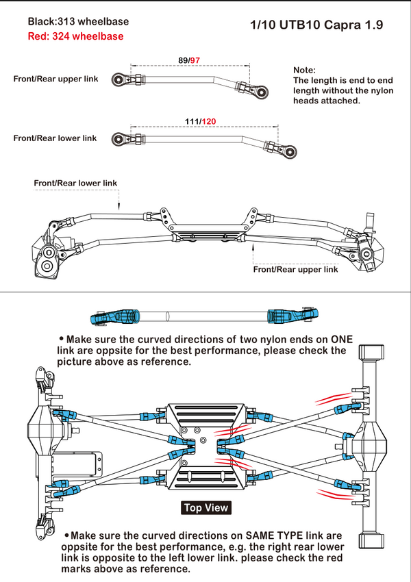 MEUS Racing Stainless Steel 313mm Wheelbase Links for Axial SCX10 II