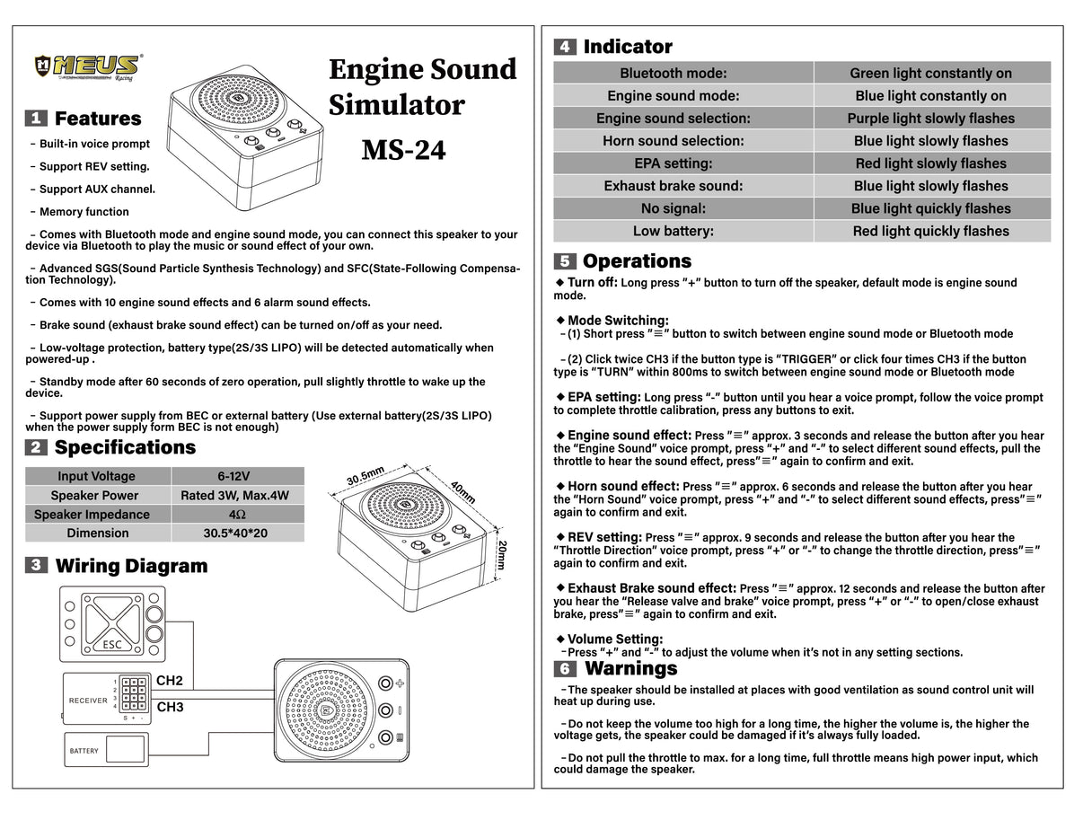 MEUS Racing RC Car Speaker MS-24 Engine Sound Simulator for 1/18 TRX4M