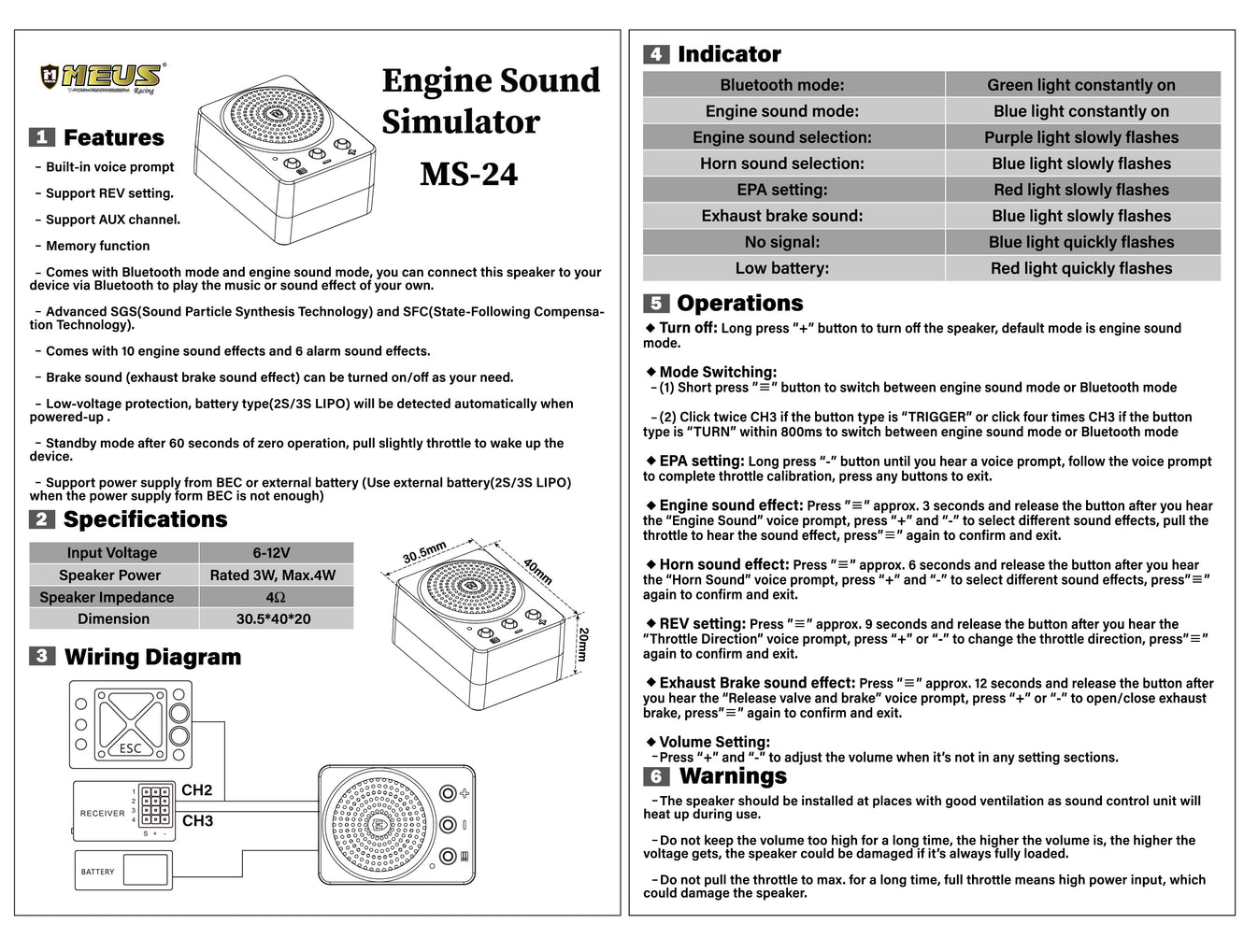 MEUS Racing RC Car Speaker MS-24 Engine Sound Simulator for 1/18 TRX4M