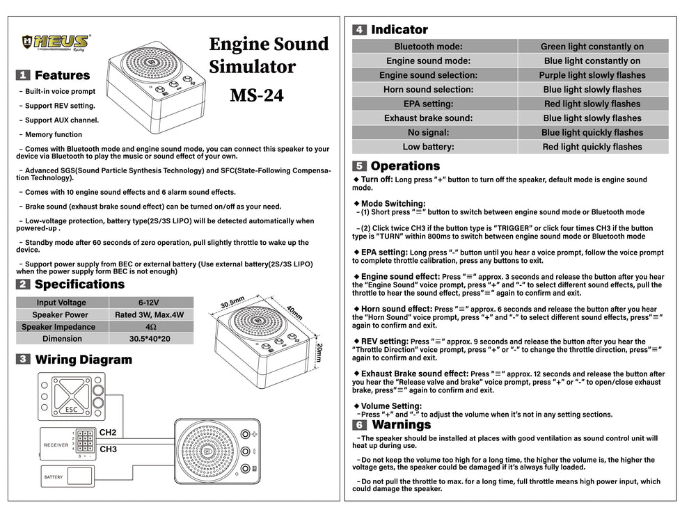 MEUS Racing RC Car Speaker MS-24 Engine Sound Simulator for 1/18 TRX4M