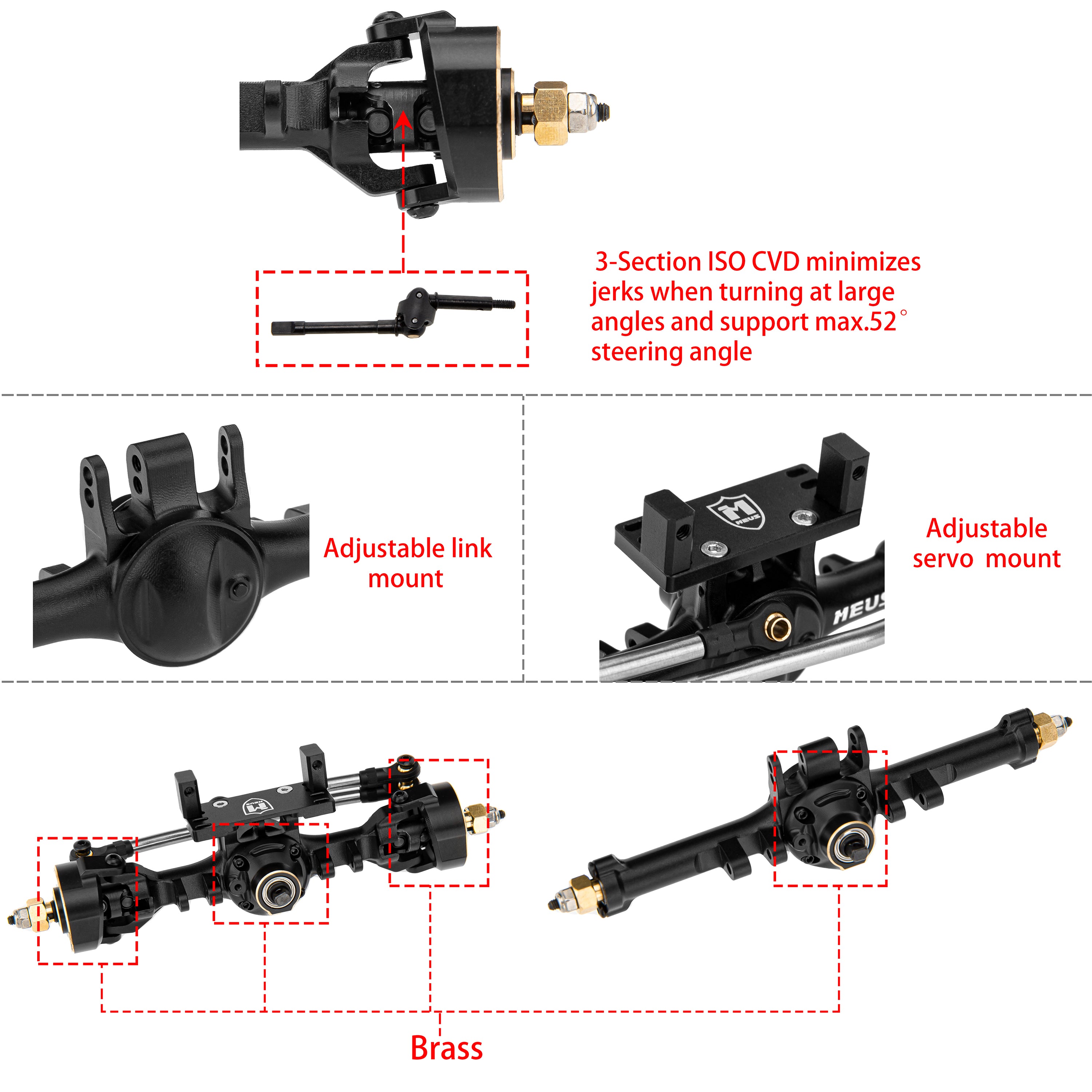 MEUS Racing TRX4M Metal V2 Isokinetic Front & Rear axles with Adjustab