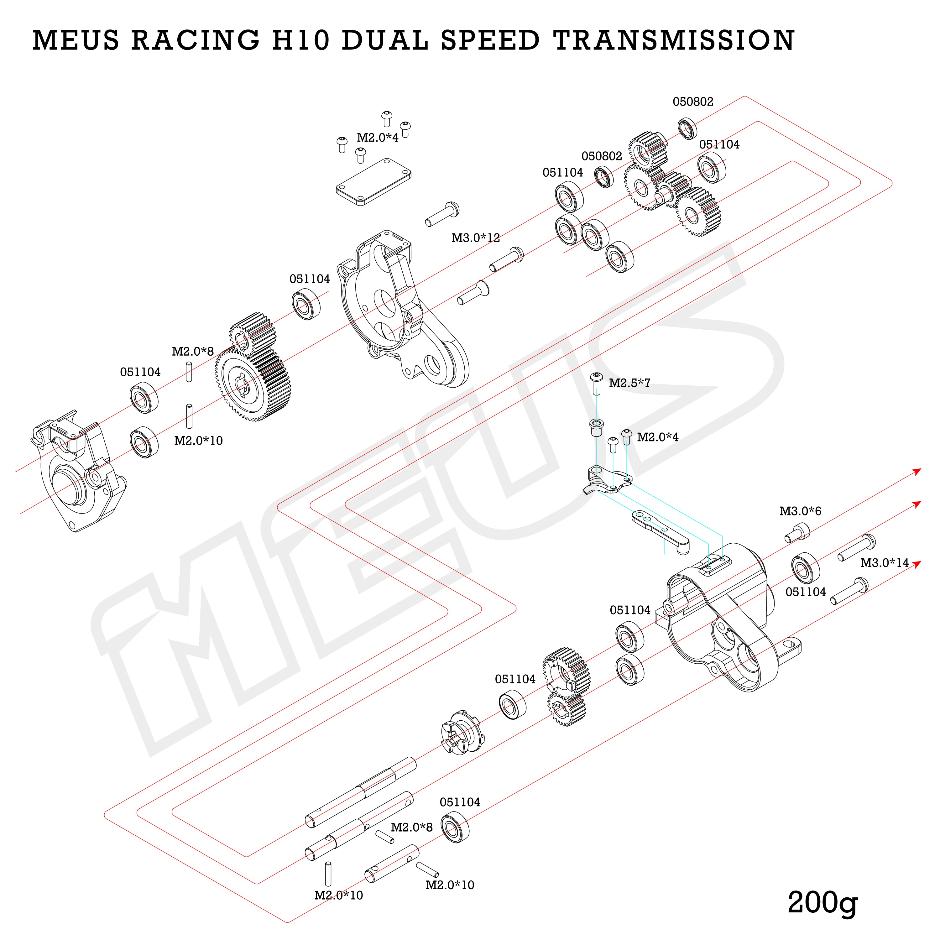 MEUS Racing Dual-Speed Overdrive Transmission for 1/10 Optic H10